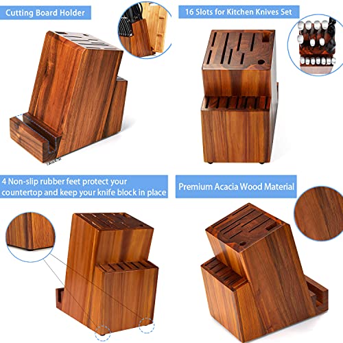 Wood Knife Block Set, 18 Pieces Kitchen Knife Set With Acacia Wood Knife Block, Cutlery With Knife Sharpener&14 Knives, Shear and 1pcs Bamboo Cutting Board Included For KitchenâŚ