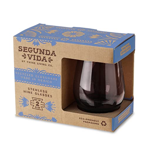Segunda Vida Rosado Stemless Wine Glasses Set - Hand Blown Colorful Wine Glasses- Purple 100% Recycled Glassware Made in Mexico 13oz Set of 2