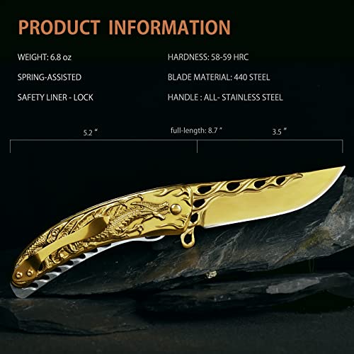 Vividstill Pocket Knife for Men, Cool Folding Knife With 3D Golden Dragon Embossed Relief, Great Gift Edc Knife For Men Outdoor Survival Campingā¦