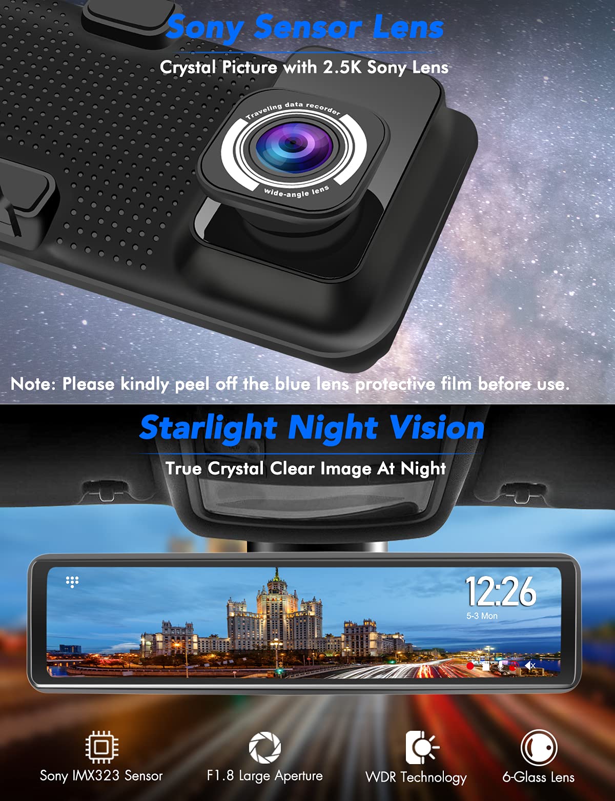 PORMIDO 2.5K Mirror Dash Cam Backup Camera 12" Large Full Touch Screen Front and Rear View Camera HD Waterproof Back up Car Camera 170° Wide Angle,GPS,Starlight Night Vision,Parking Monitor,SD Card