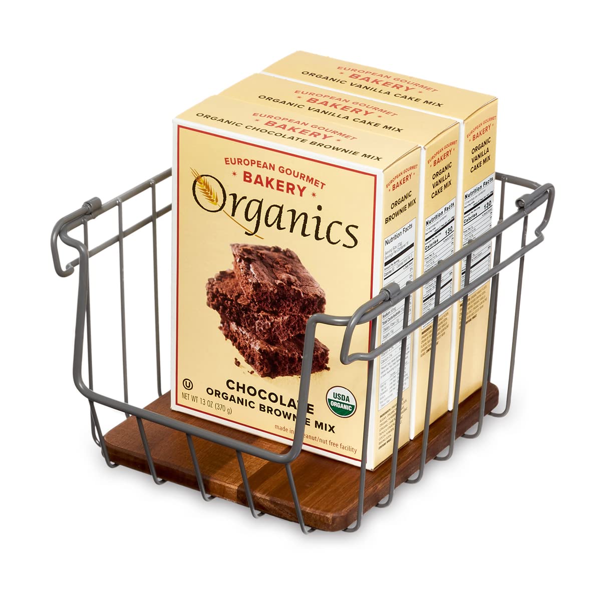 The Ría Safford Collection by iDesign Open Front Wire Basket with Acacia Wood, 10" x 8" x 6", Charcoal
