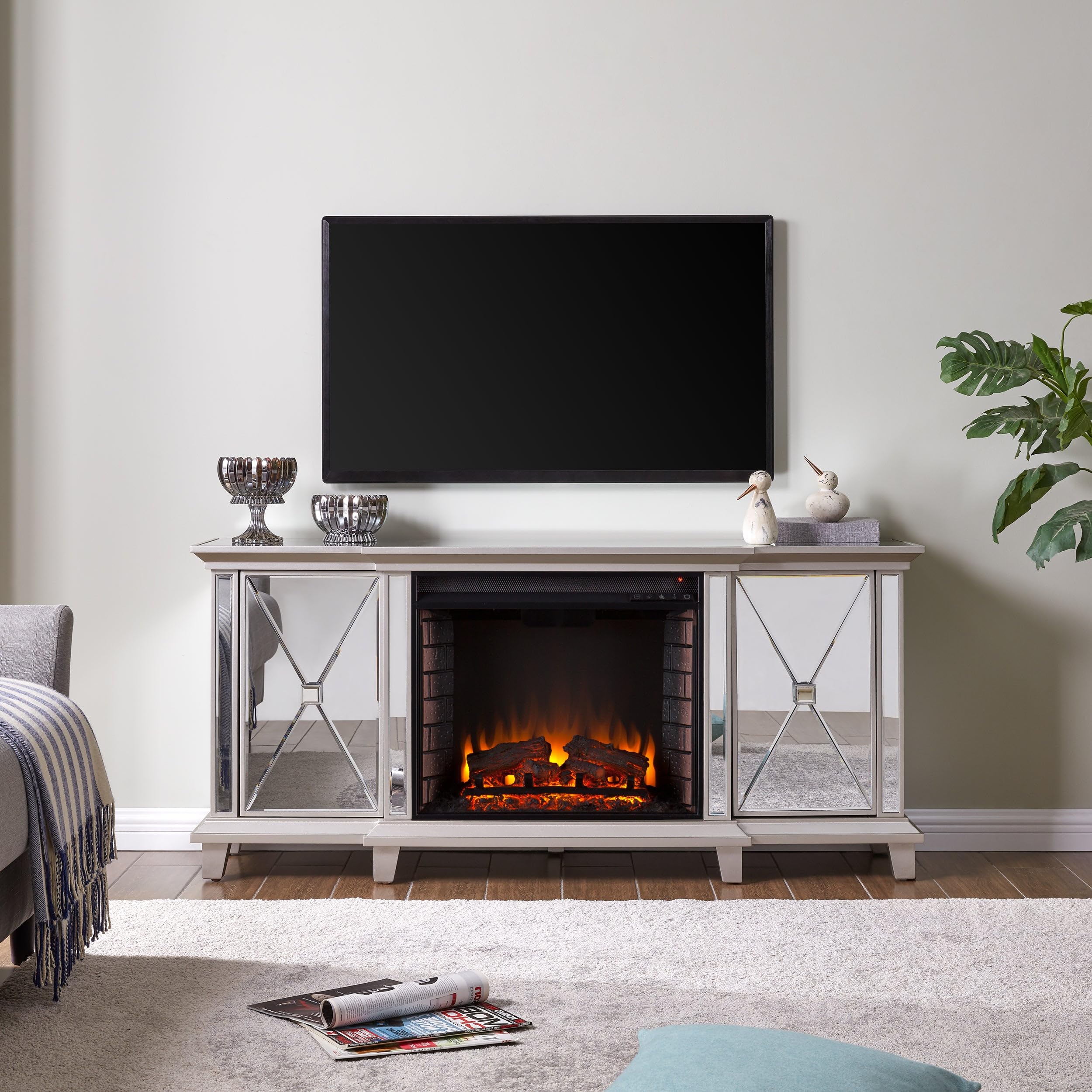 SEI Furniture Toppington Mirrored Electric Fireplace Media Console in Mirror/Silver
