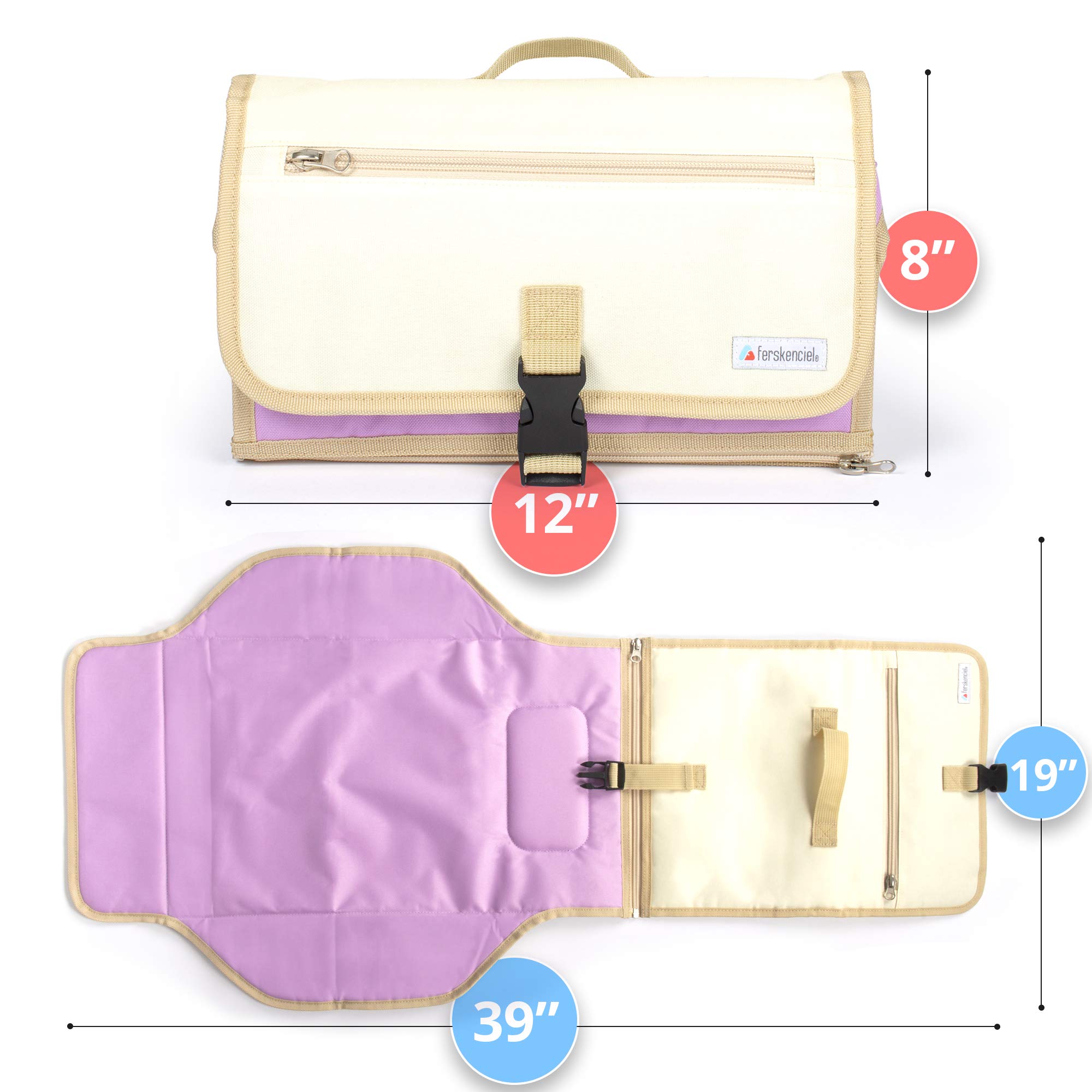 Portable Baby Diaper Changing Pad (Bubblegum) by Ferskenciel. Travel Nappy Change Station with Comfy Padding, Head Pillow, Stroller Strap & Zipper Pockets. Large, Foldable, Waterproof & Easy-Wipe Mat