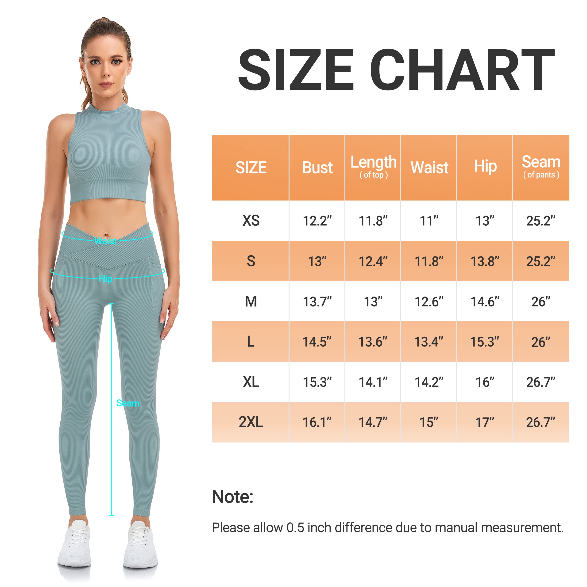 Women's Yoga Workout 2 Piece Seamless Sets with Ribbed Design, High Neck or One Shoulder Strap Top