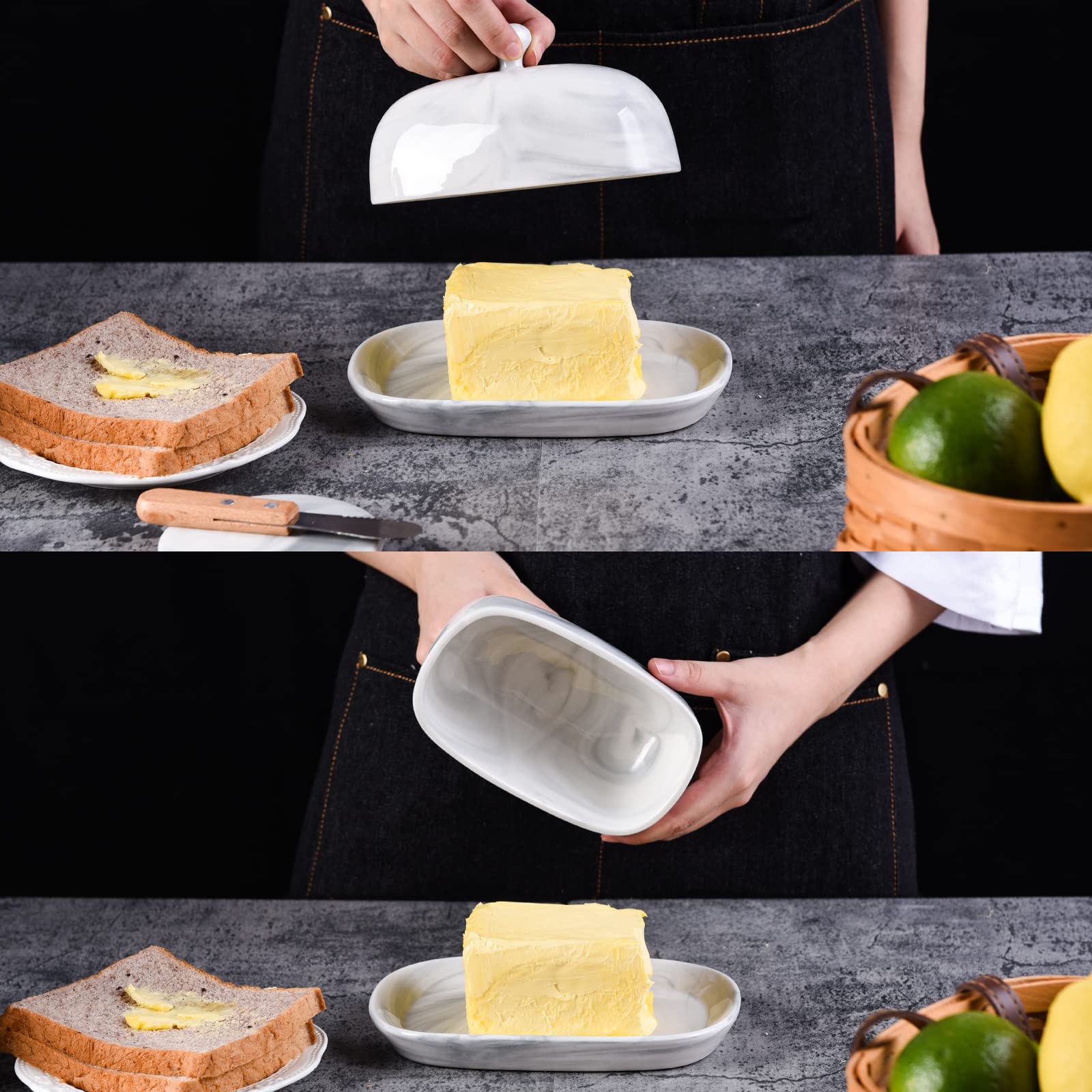 Yundu Grey Marble Butter Dish with Lid, Ceramics Butter Keeper Container, Perfect for East/West Butter