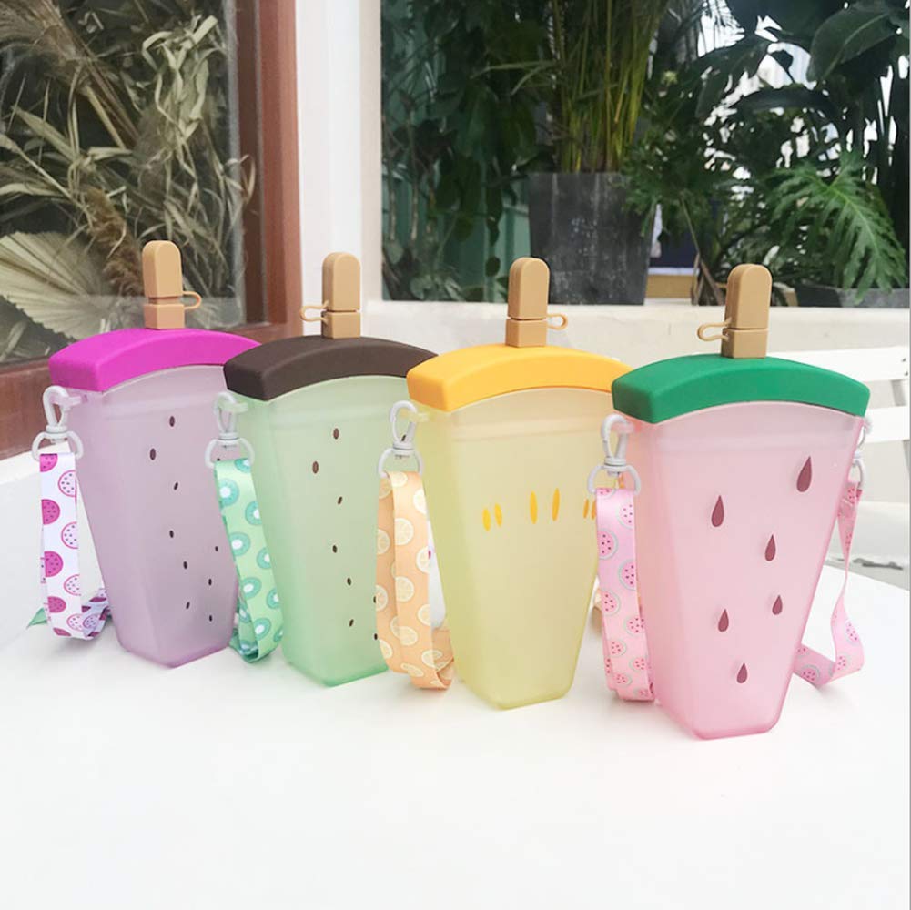 YunQin 320ml Plastic Water Bottles, 4 Colors Cute Watermelon Ice Cream Water Bottle with Straw, Anti-fall Portable Popsicle Shape Water Cup for Girls (pink)
