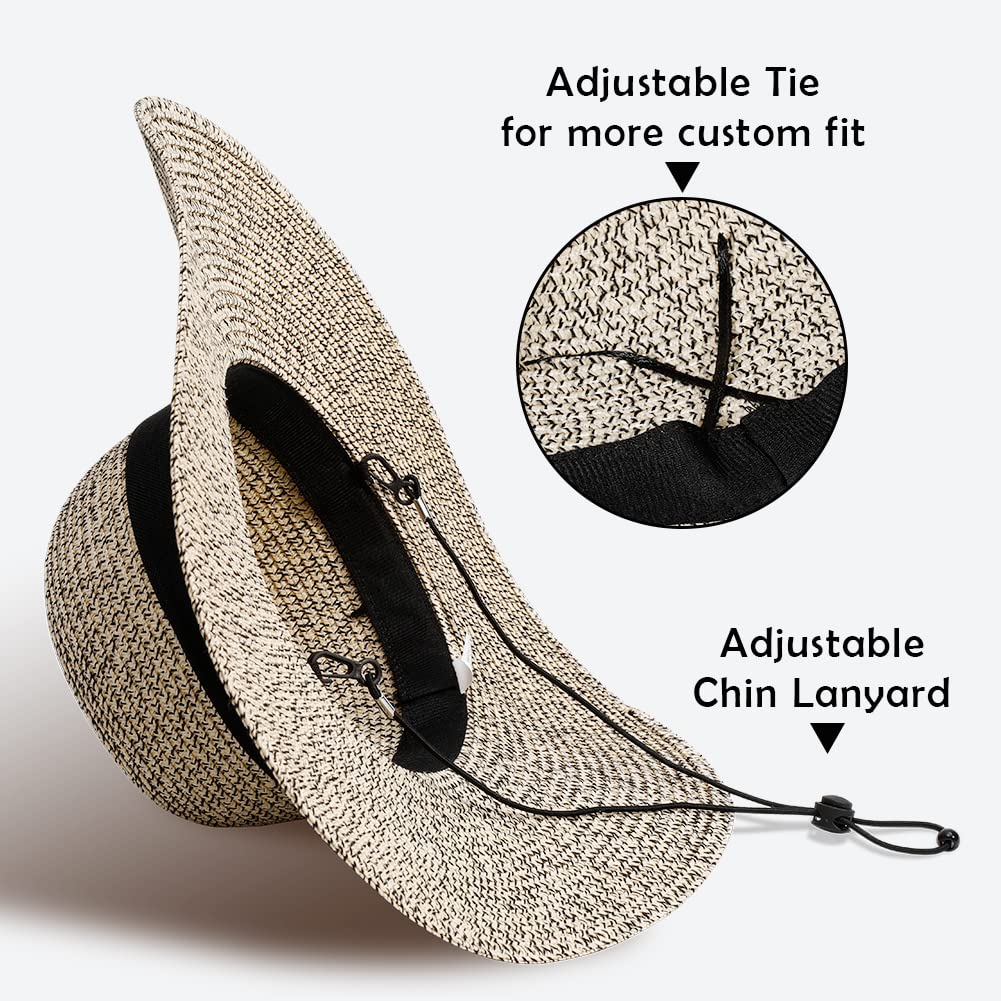 Womens Beach Straw Sun Hat: Large Ladies Foldable & Packable Floppy Hats with Wide Brim-UPF 50 UV Protection Summer Sunhat (Mixed Black)