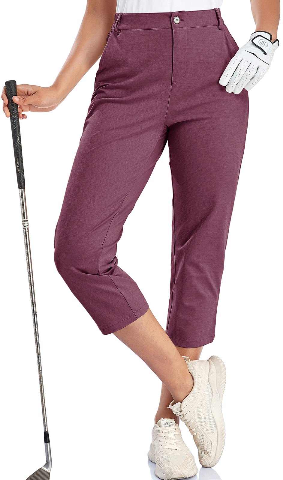 Womens Capri Golf Pants Casual Ladies Capris Stretch Work Office Dress Pants Business Elastic Waist Golf Apparel Lightweitht with Pocket Red