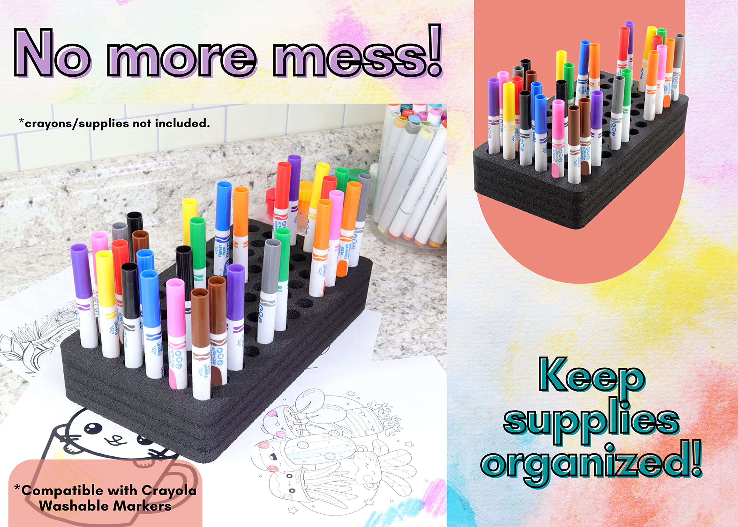 Polar Whale 4 Washable Marker Desk Stand Organizers Compatible with Crayola and Others Design Storage Tray Supply Non-Scratch Non-Rattle Washable Durable Black Foam Each Holds 72