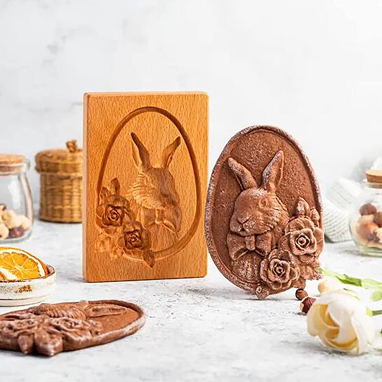 Wooden Cookie Molds, Wooden Cookie Biscuit Mold Baking Cookie Mold Wooden Carved Mold Cookie Cutter Embossing Mold, DIY Shapes Cookie Stamp,Gingerbread Mold,Pine Cone Mold (Rabbit)