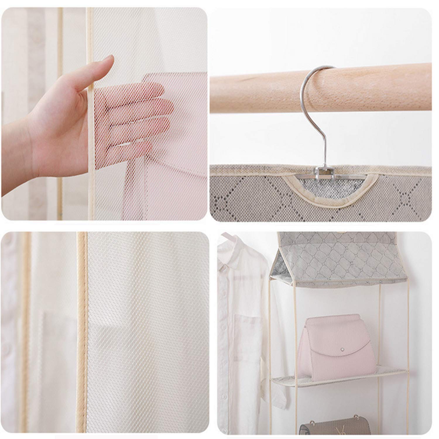 Ocean's Shop Hanging Handbag Organizer, Foldable Dust Cover Wardrobe Closet Organizer Hanging Purse Storage Holder for Space Saving (Beige, 4 Shelves)