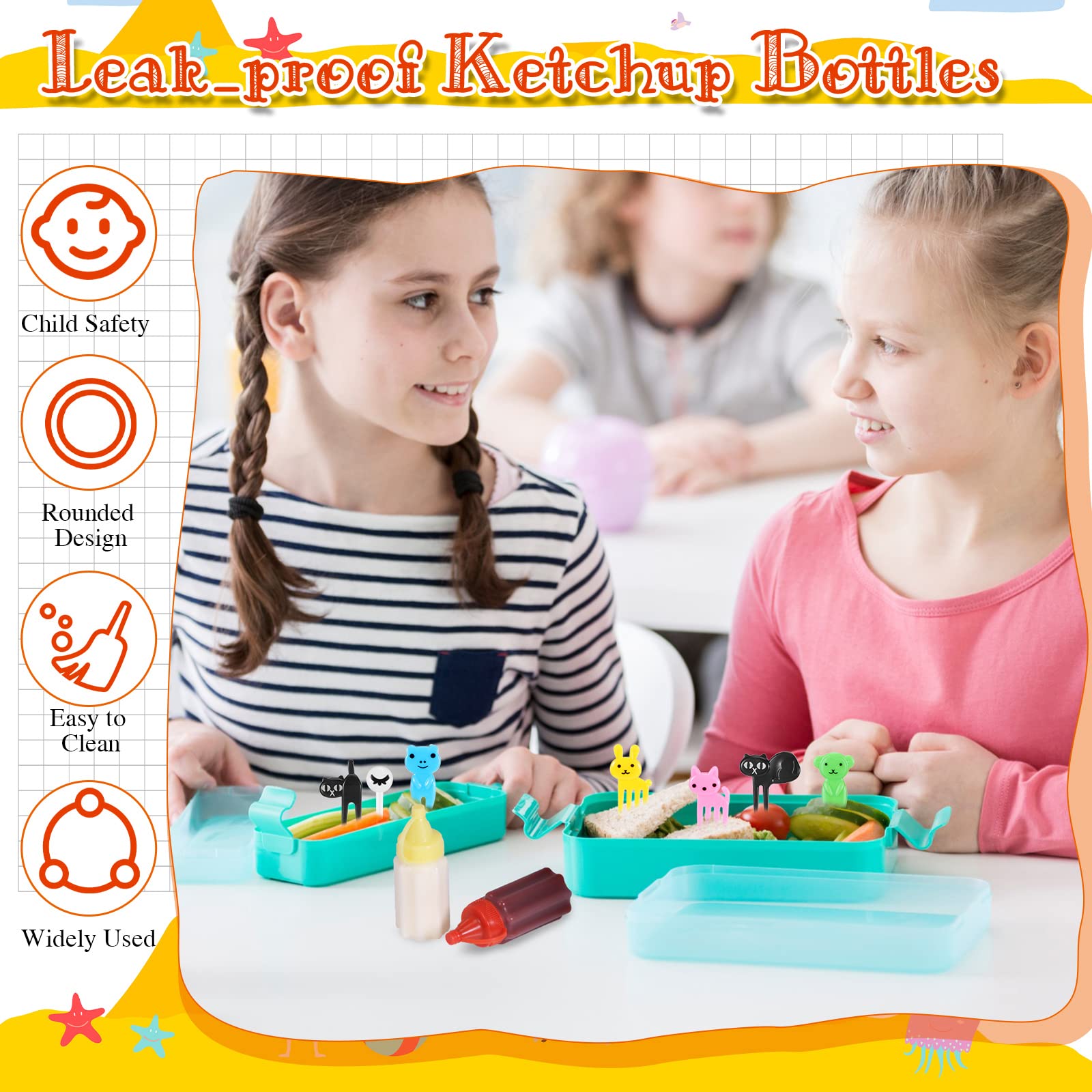 Zubebe 36 Animal Food Picks for Kids 8 Mini Condiment Bottles Ketchup Squeeze Bottle 4 Sauce Container Lunch Bento Box Accessories