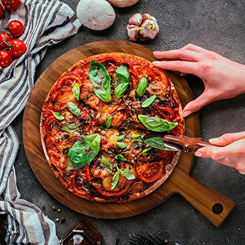 Vees Goods Acacia Wood Cutting Board with Handle - Kitchen Round Cutting Board Set includes Glove and Towel - Great Use for Pizza, Charcuterie, Chopping Board - Size (15.9β x 12.2β)