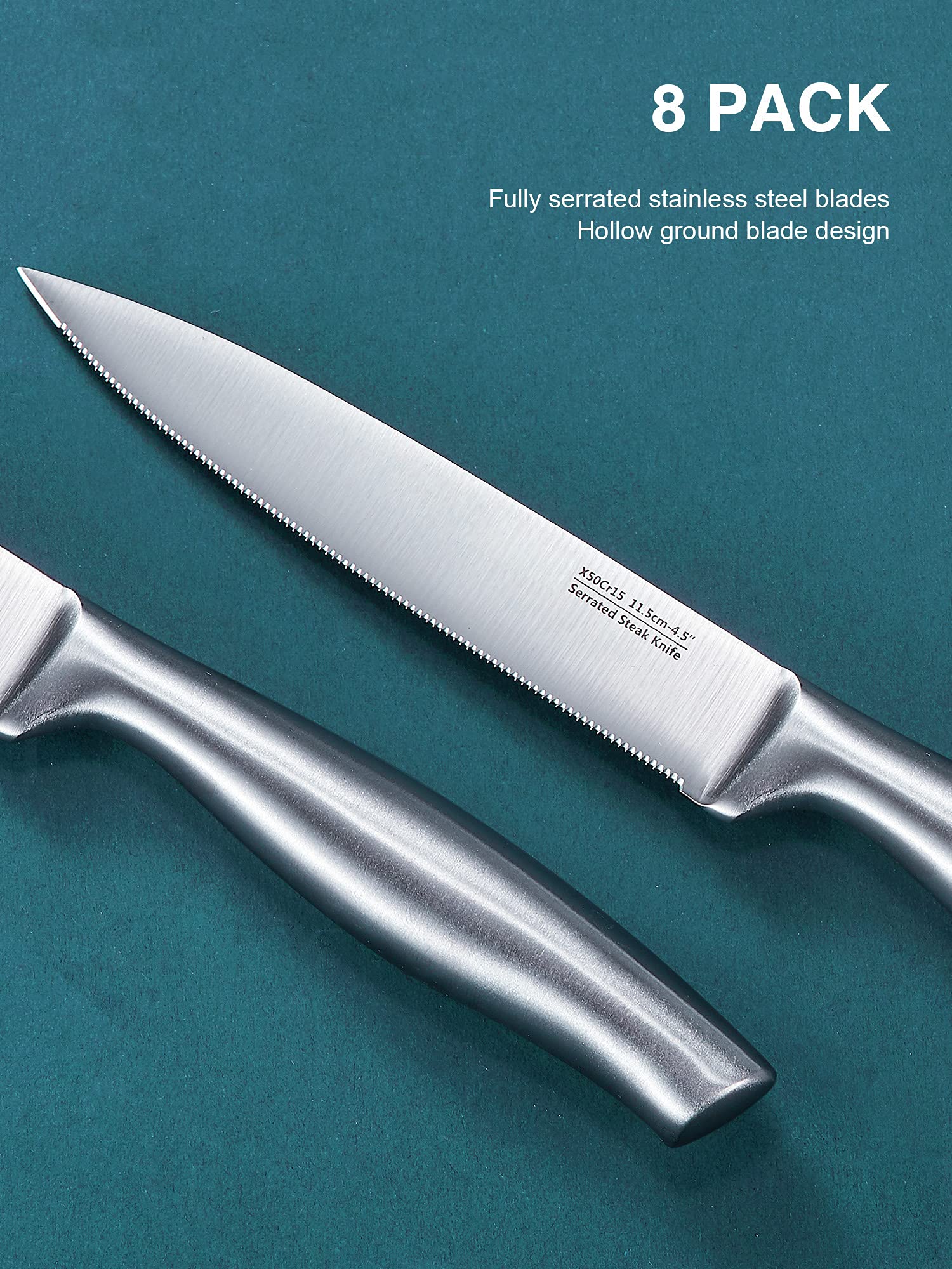 ZAWS Steak Knives, Knives Set of 8, Stainless Steel Knife Gift Box Set,Super Sharp Kitchen Serrated Knife, Ergonomic Tapered Handle, 9.1 IN, Silver