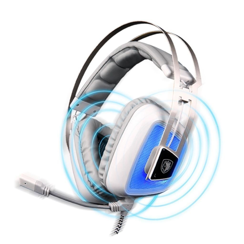 SADES A8S USB Gaming Headset 7.1 Channel Virtual Surround Stereo Wired PC Gaming Headset Over Ear Headphones with Mic Revolution Volume Control Noise Canceling LED Light (White)