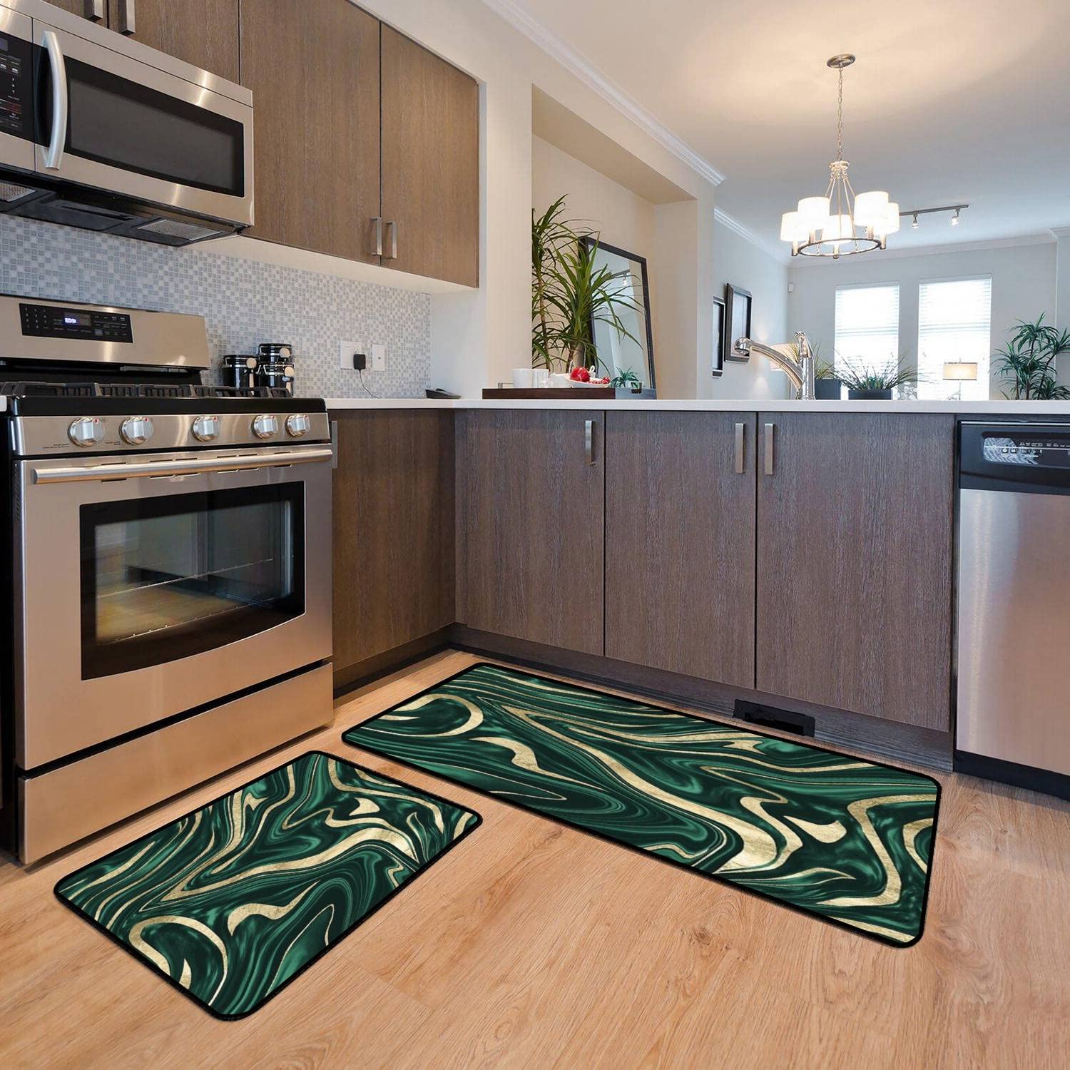 VIUBGCPS Kitchen Rugs Set Emerald Green Black Gold Marble 1 Decor Art Kitchen Mat for Floor Non-Slip Washable Kitchen Runner Doormat Bath Rug Carpet Comfort Standing Mats Decorations