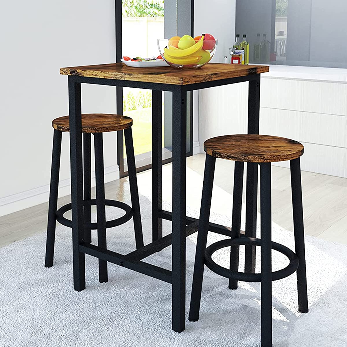 Recaceik 3 Piece Pub Dining Set, Modern bar Table and Stools for 2 Kitchen Counter Height Wood Top Bistro Easy Assemble for Breakfast Nook Living Room Small Space Restaurant, Rustic Brown 24β