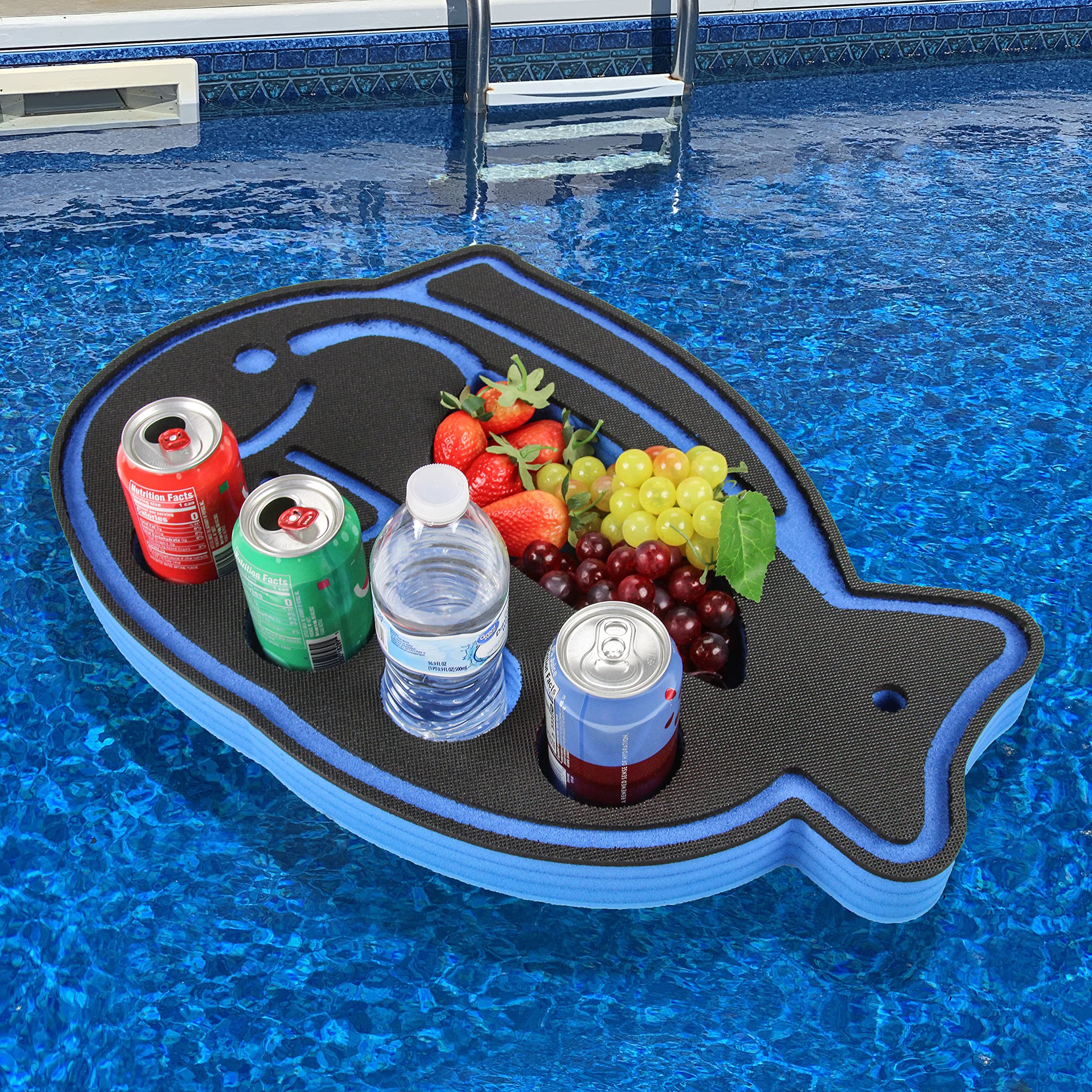 Polar Whale Floating Star Fish Drink Holder Blue and Black Refreshment Table Tray for Pool or Beach Party Float Lounge Durable Foam 6 Compartment UV Resistant with Cup Holders 2 Feet