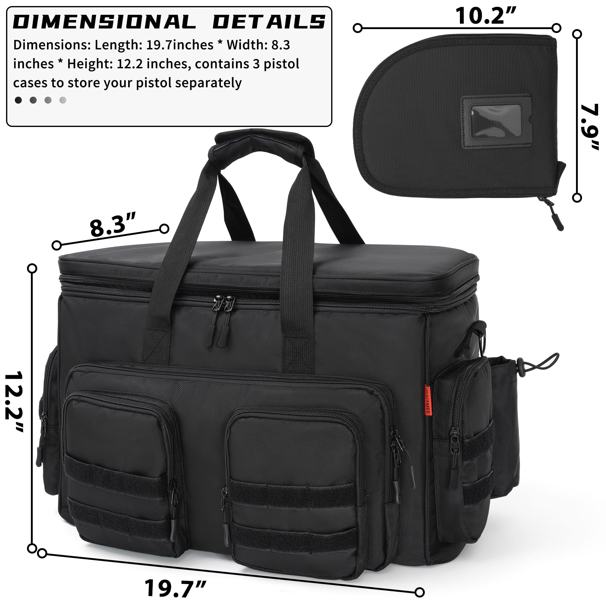 OUUTMEE Tactical Pistol Range Bag with 4 Pistol Cases, Shooting Duffle Range Pistol Bag with 5 Compartments, Multiple Magazine Slots and Extra Pockets for Ammo and Essentials