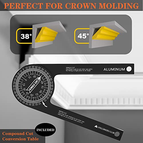 VOLCANOES CLUB Aluminum Angle Finder Gauge- 7’’ Miter Saw Protractor with Precision Laser Scales for Crown Molding - Rust Proof Woodworking Cutting Guide Tool for Carpenters, Plumbers, Building Trades