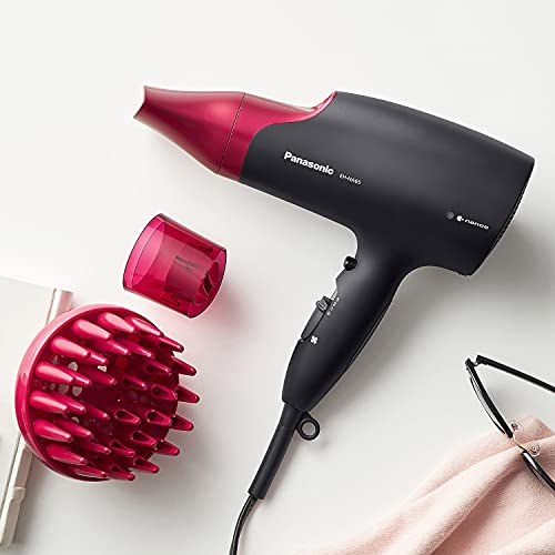 Panasonic Nanoe Hair Dryer, 1875 Watt Professional Blow Dryer for Smooth, Shiny Hair with 3 Attachments Quick Dry Nozzle, Diffuser and Concentrator Nozzle โ EH-NA65-K (Black/Pink), Black