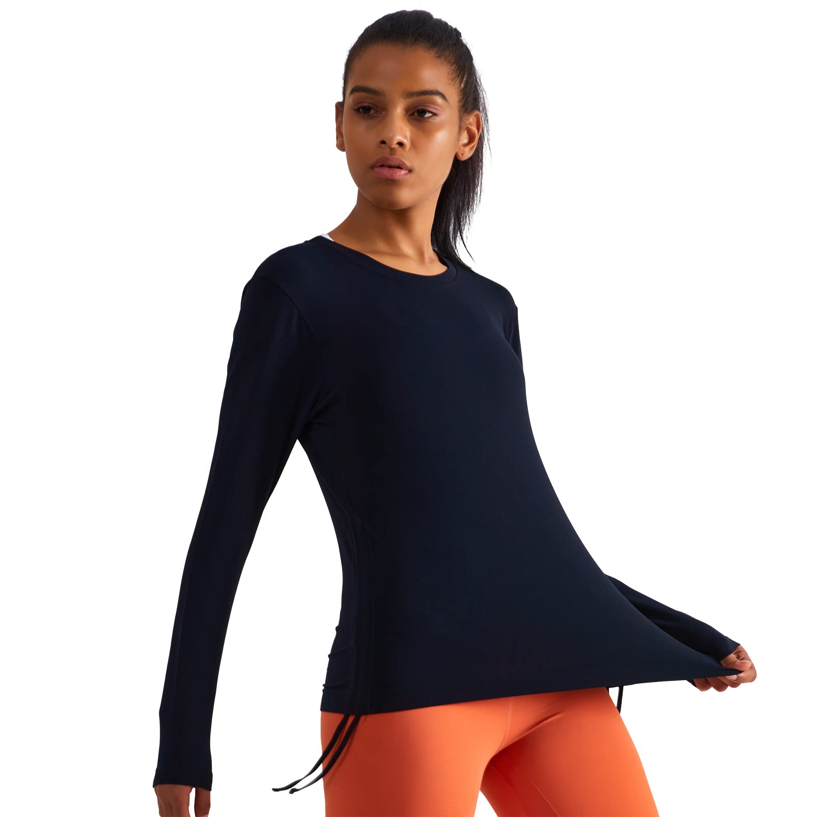 Womens Ribbed Long Sleeve Workout Tops Drawstring Side Ruched Basic Crop Tank Top Yoga Atheltic Shirt Slim Fitted Black
