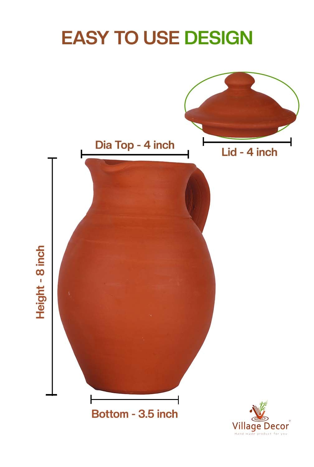 Village Decor Handmade Earthen Clay Water Jug with Lid | Carafes Pitcher | Capacity 51 oz 1500 ml