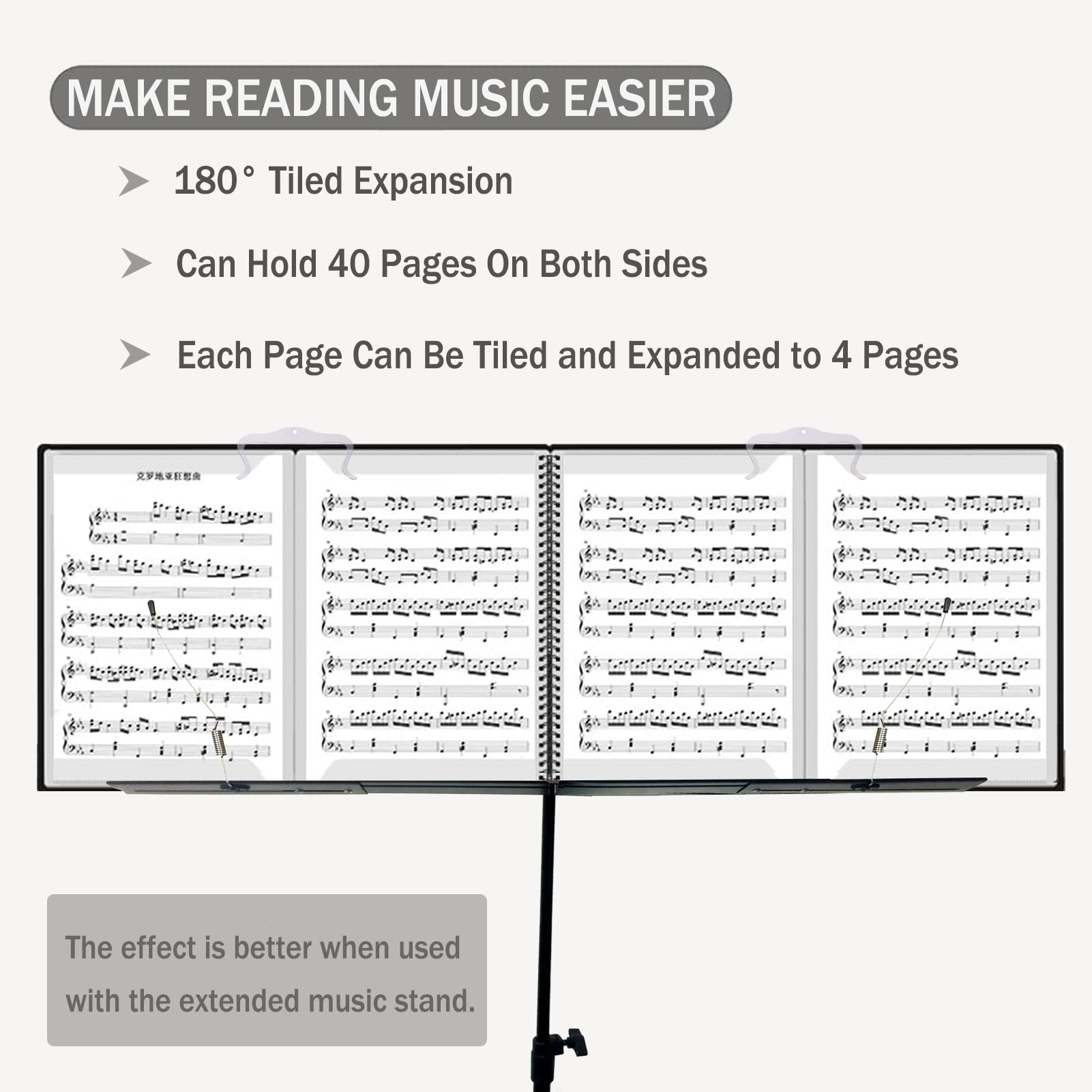 XINYUYAN Sheet Music Folder (Black), 4-Page Expansion and Writing Directly on The Pages, A4 Size, Holds 40 Comes with 2 M-Shaped Clips