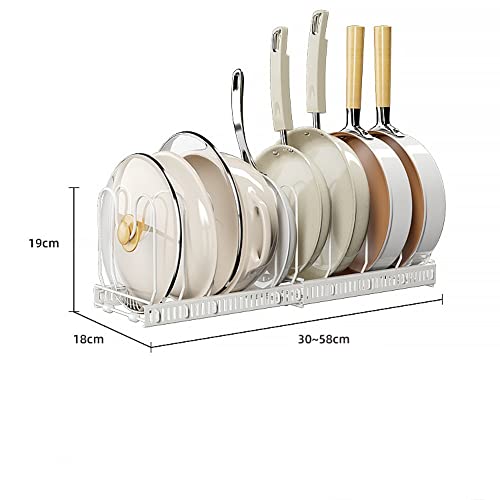 Rerii Pan Organizer Rack for Cabinet, Expandable Pots and Pans Organizer Rack, Cutting Board Pot Lid Holder Dish Drying Racks with 10 Adjustable Dividers for Kitchen Counter