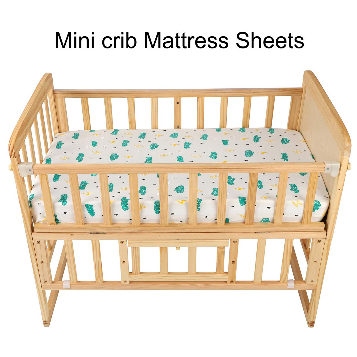 Pack n Play Sheet Fitted 2 Pack Playard Mattress Cover 100% Jersey Cotton Ultra Soft Stretchy Portable Mini Crib Sheets for Baby, Clouds Raindrops Prints Green and White