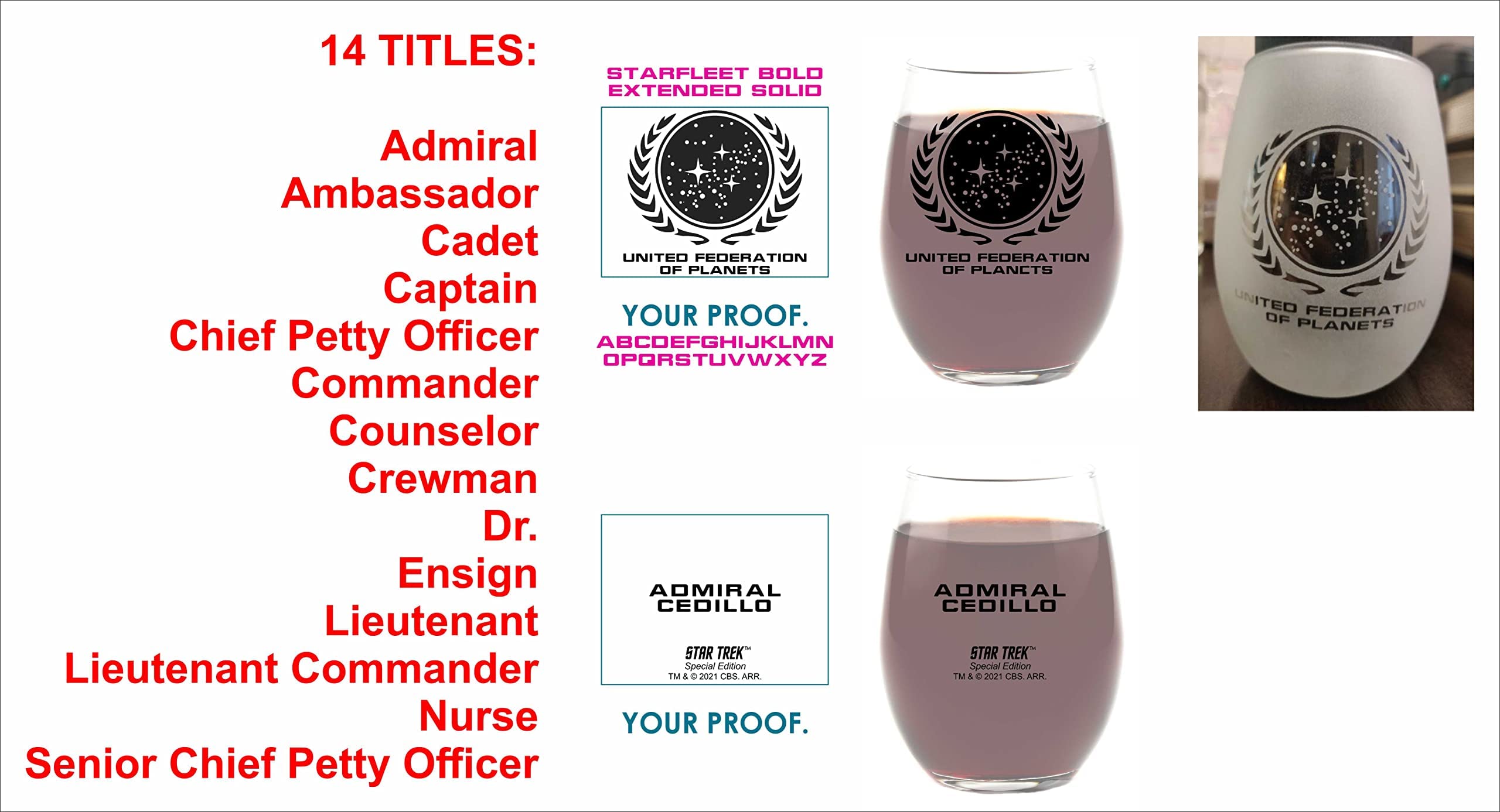 STAR TREK Personalized Federation of Planets Stemless Wine Glass - Premium Quality Licensed, Handcrafted Glassware, 15oz Collectible Gift for Series Lovers