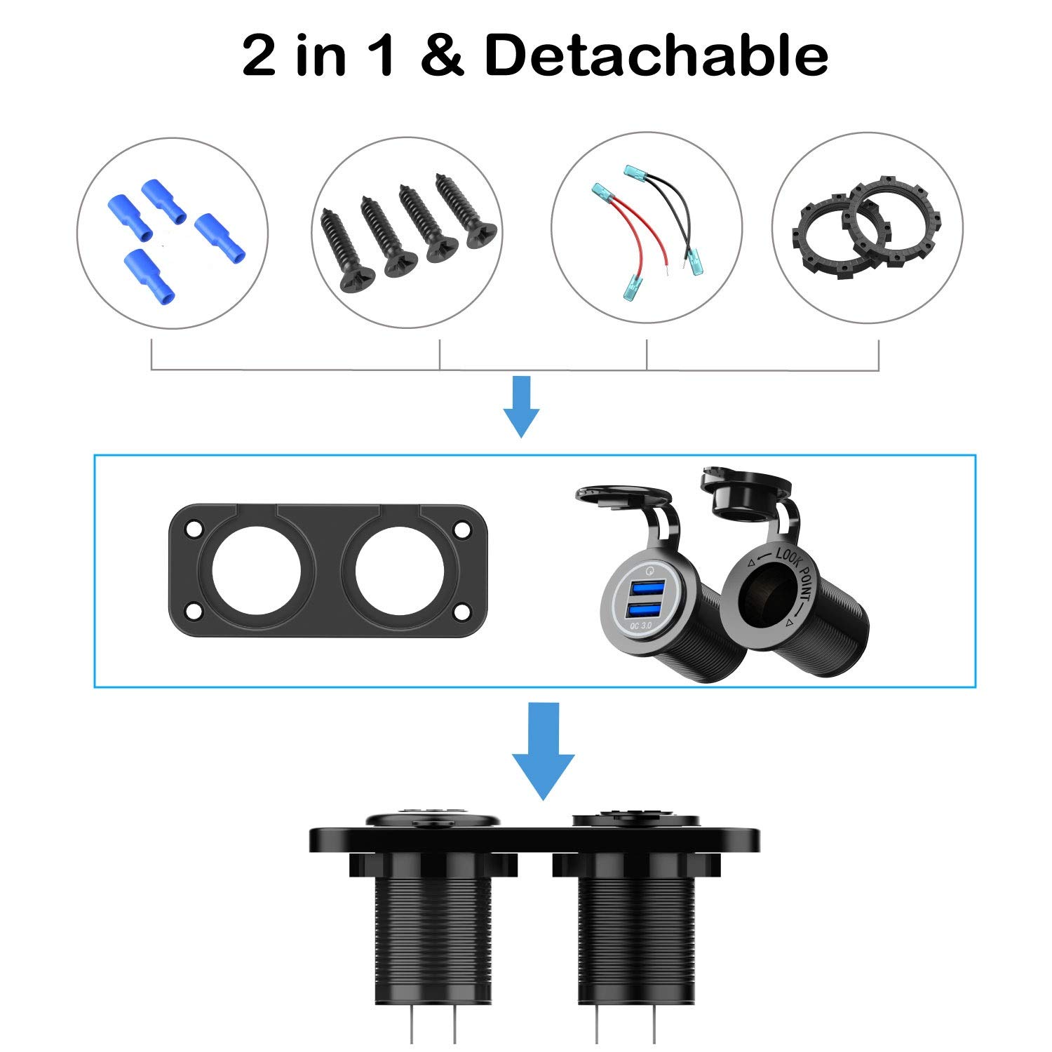 QC 3.0 USB Outlet 12V Boat Marine Waterproof Cigarette Lighter Socket Splitter 12 Volt DC Power Charger Adapter DIY Kit with Blue LED Dual USB Ports for Rocker Switch Panel on Car RV Golf Cart ATV
