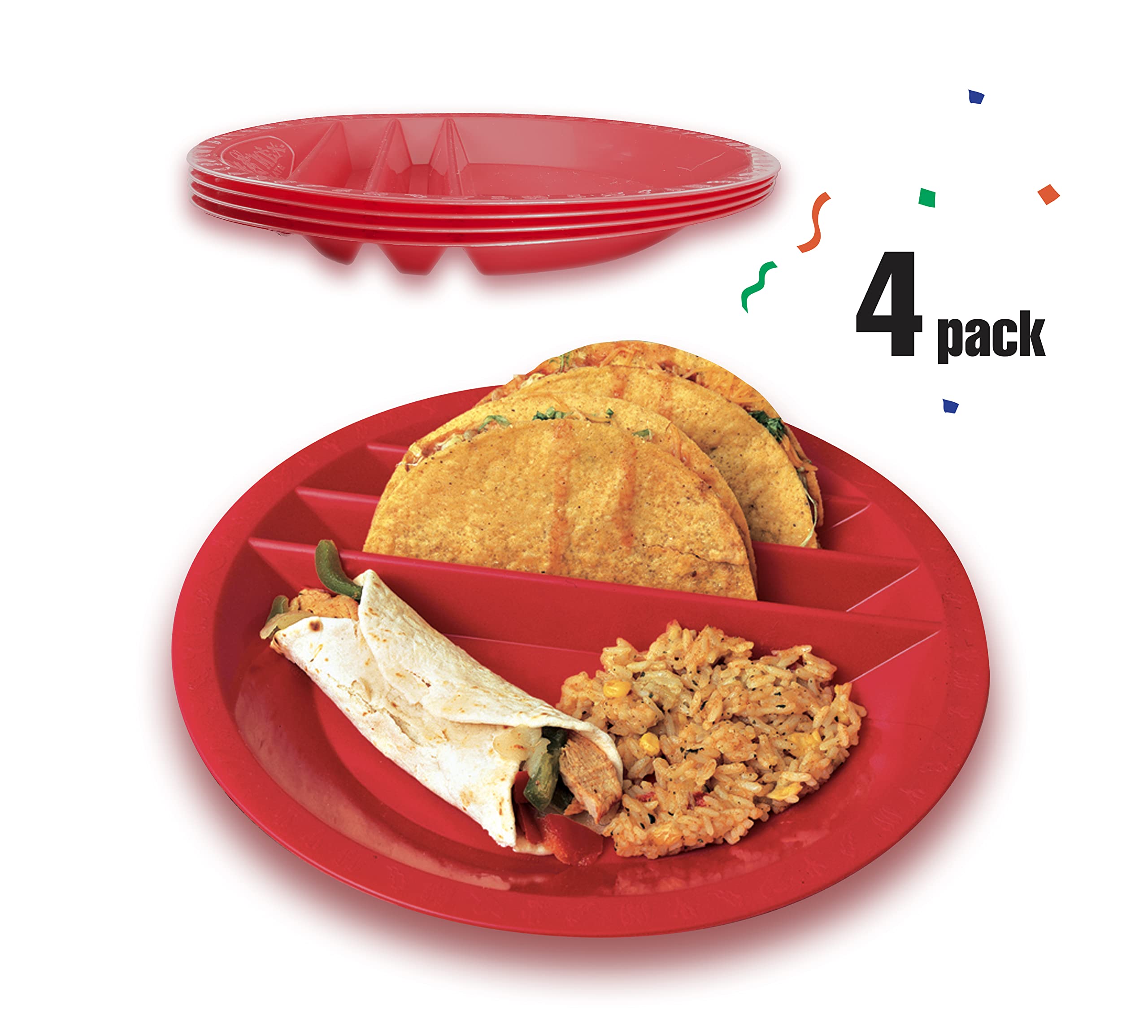 Taco Mex Taco Plate, Reusable, Round, Preparation and Serving Plate, for Soft and Hard Shell Tacos, 10.75 inch Plastic, Uber Look and Quality, Microwave Safe, 4 Pack Set, Red