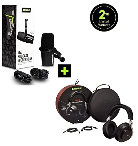 Shure MV7 USB/XLR Dynamic Microphone + AONIC 50 Wired/Wireless Noise Cancelling Headphones for Podcasting, Recording, Streaming & Gaming, Professional Quality Sound & Durability - Black/Black