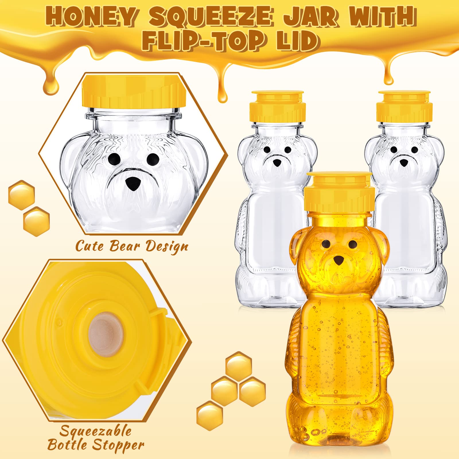 Thenshop 48 Pcs 8oz Plastic Honey Bear Bottle Empty Honey Squeeze Bottle Bear Shaped Honey Containers Honey Bear Cup Bear Honey Bottle Jars with Yellow Flip Top Lid for Storing and Dispensing, Clear