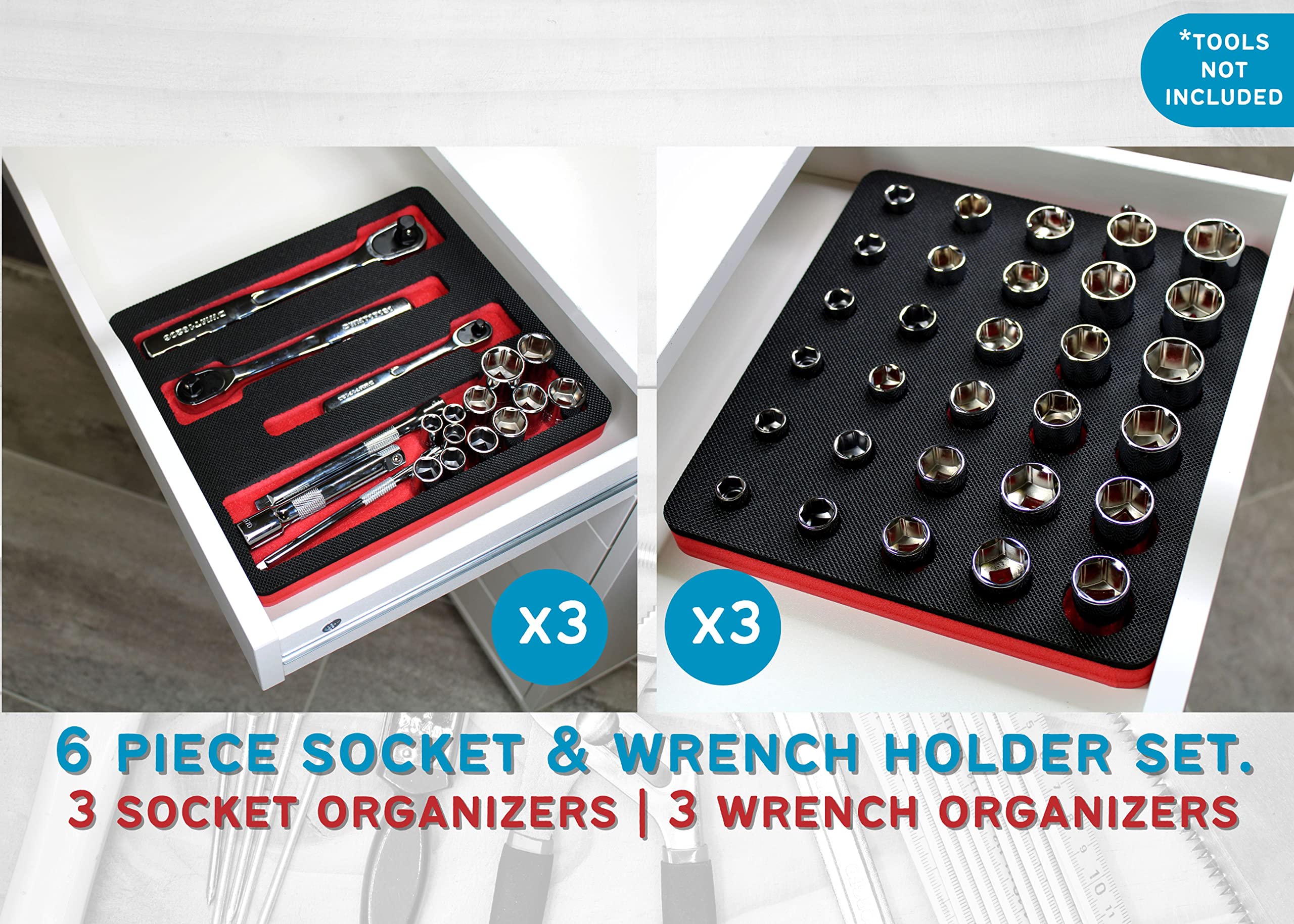 Polar Whale Tool Drawer Organizer 6-Piece Ratchet and Socket Insert Set Red Black Durable Foam Holds Many Tools and Accessories 10 x 11 Inch Trays Fits Craftsman Husky Kobalt Milwaukee Many Others