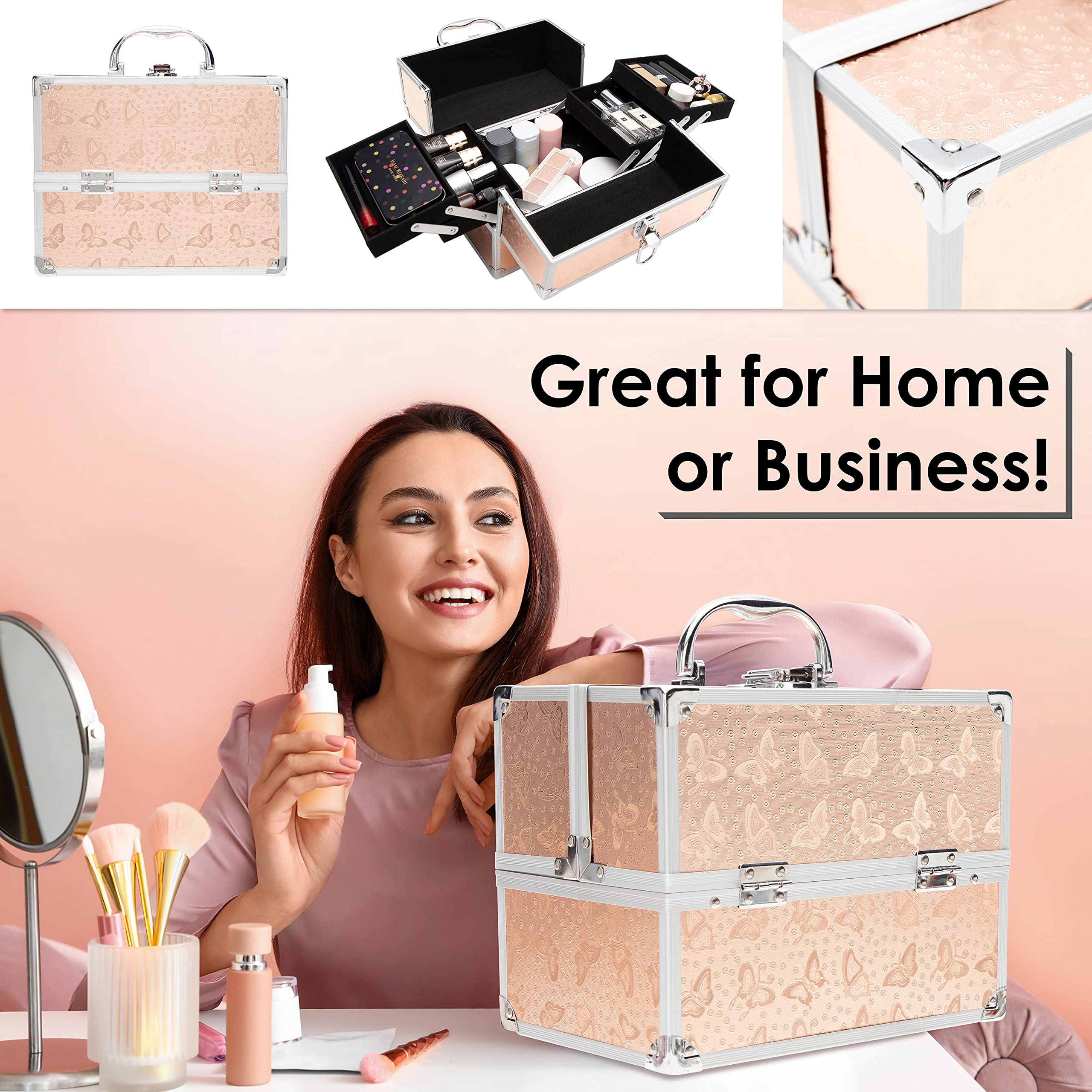 ZAK AND ZOEY Makeup Organizer - Cosmetics Organizer with 4 Trays & Bottom Compartment - Makeup Train Case with Latches & Handle - Makeup Case for Cosmetics & Tools, Rose Gold embossed butterfly
