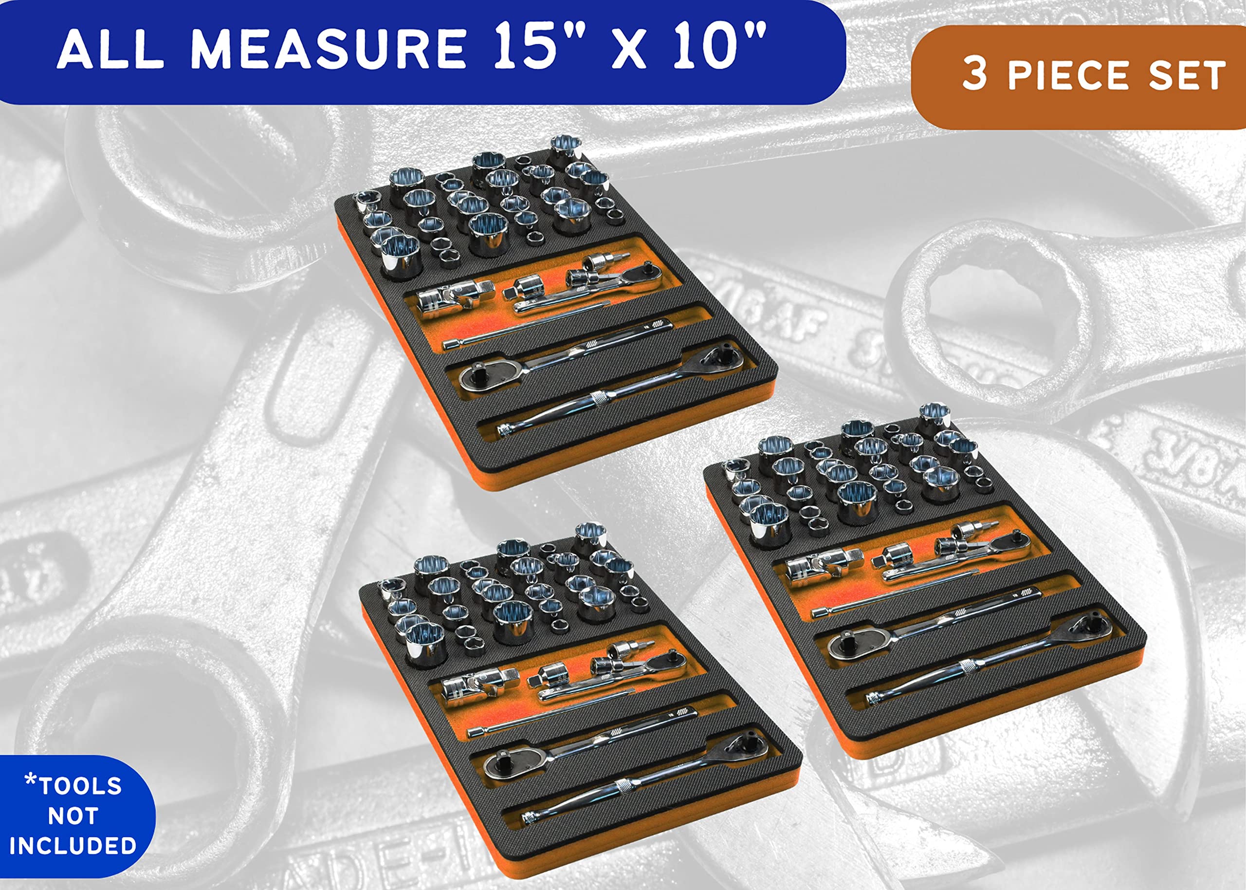 Polar Whale Tool Drawer Organizer 3-Piece Socket Insert Set Orange and Black Durable Foam Holds Many Tools 15 x 10 Inch Trays Fits Craftsman Husky Kobalt Milwaukee Many Others
