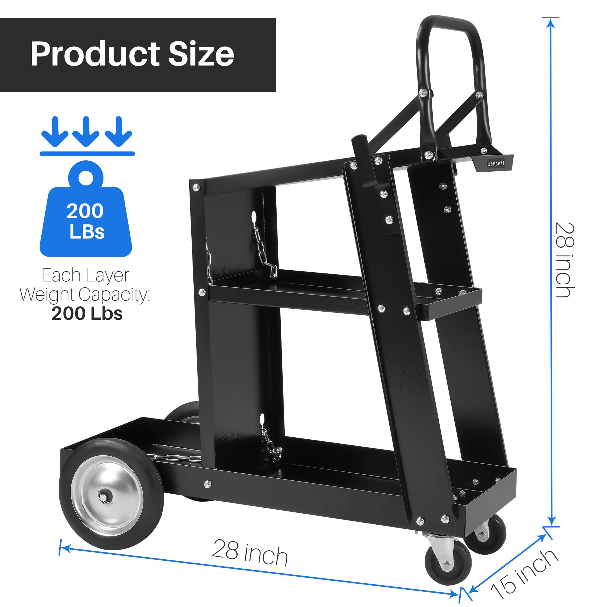 Worcest 3 Tier Welding Cart Heavy Duty Rolling Welder Carts with Storage Safety Chain Cable Hook Tank for Tig Mig Welder and Plasma Cutter Tank (3-Tier)
