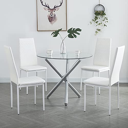Paonne Round Dining Table Set for 4, Glass Round Kitchen Table and Chairs for 4, 5-Pieces Table with Chair Set (8024 with 002 Table)