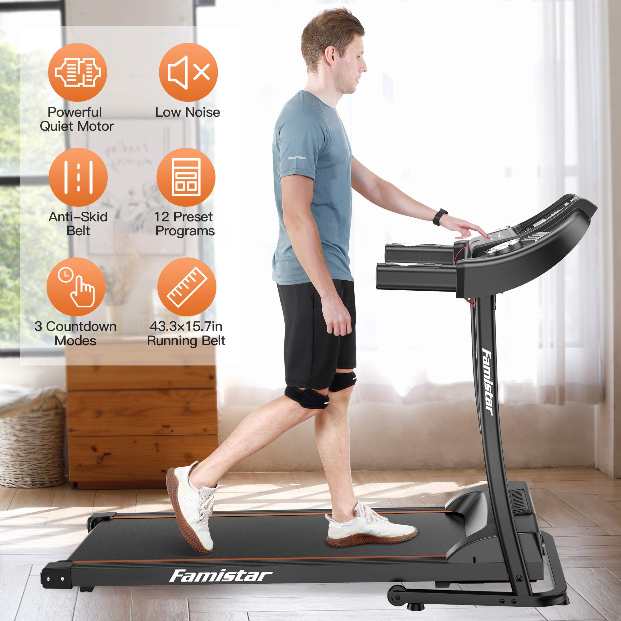 Portable Electric Folding Treadmill, Famistar Motorized Running Jogging Machine with LED Display, Rolling Wheels, Built-in MP3 Speaker, 12+3 Modes Fits All Family Home Workout