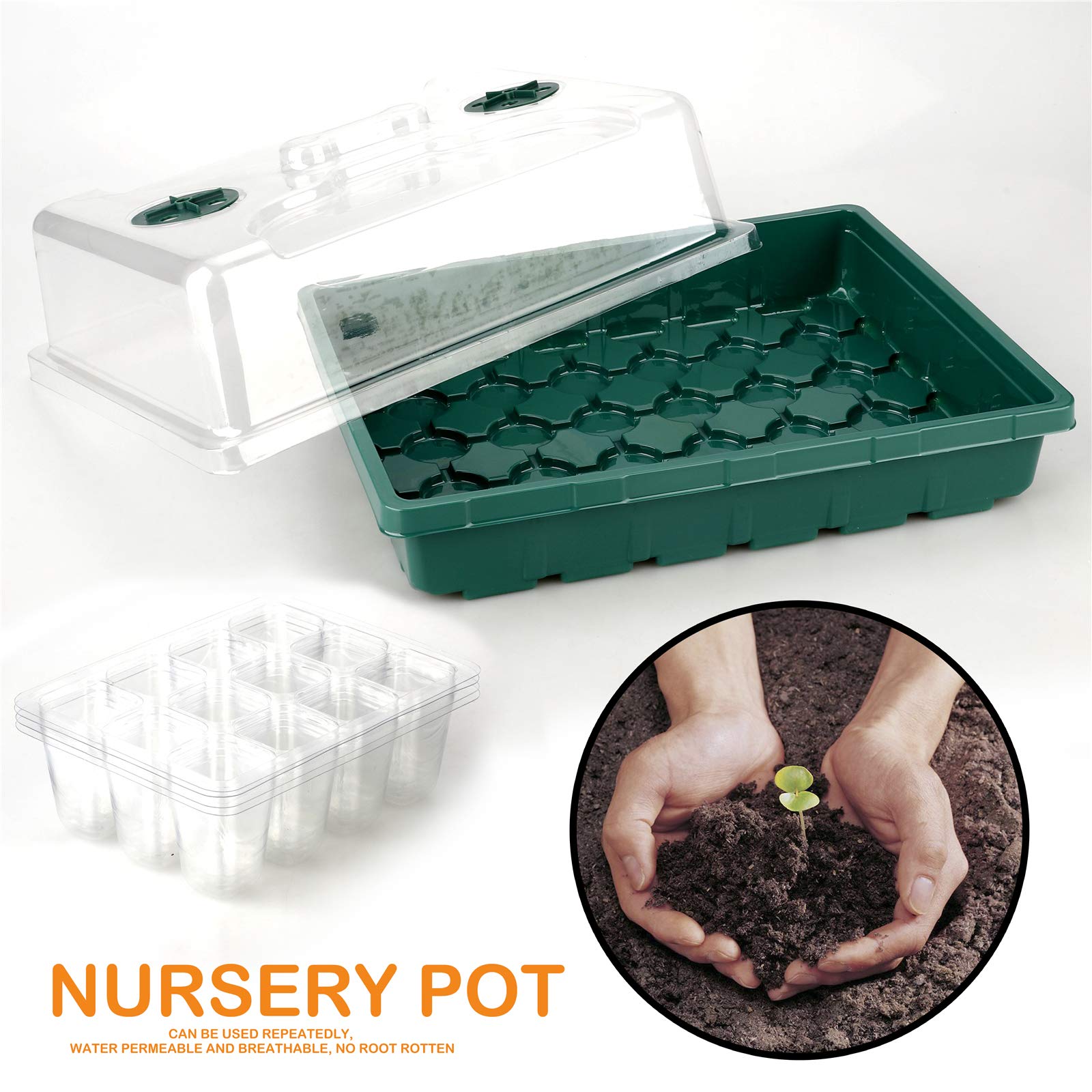 QCUTEP Seed Starting Tray 48 Cells Insert Hot House Seed Starter Trays Kit Garden Large Seedling Tray with Humidity Dome and Base Tray for Seed Starting, Germination and Seedling Propagation