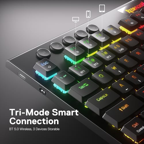 Redragon K618 PRO 3-Mode Wireless RGB Mechanical Keyboard, BT/2.4Ghz/Wired Low Profile Win/Mac Gaming Keyboard w/Ultra-Thin Design, Dedicated Media Control & Linear Red Switch