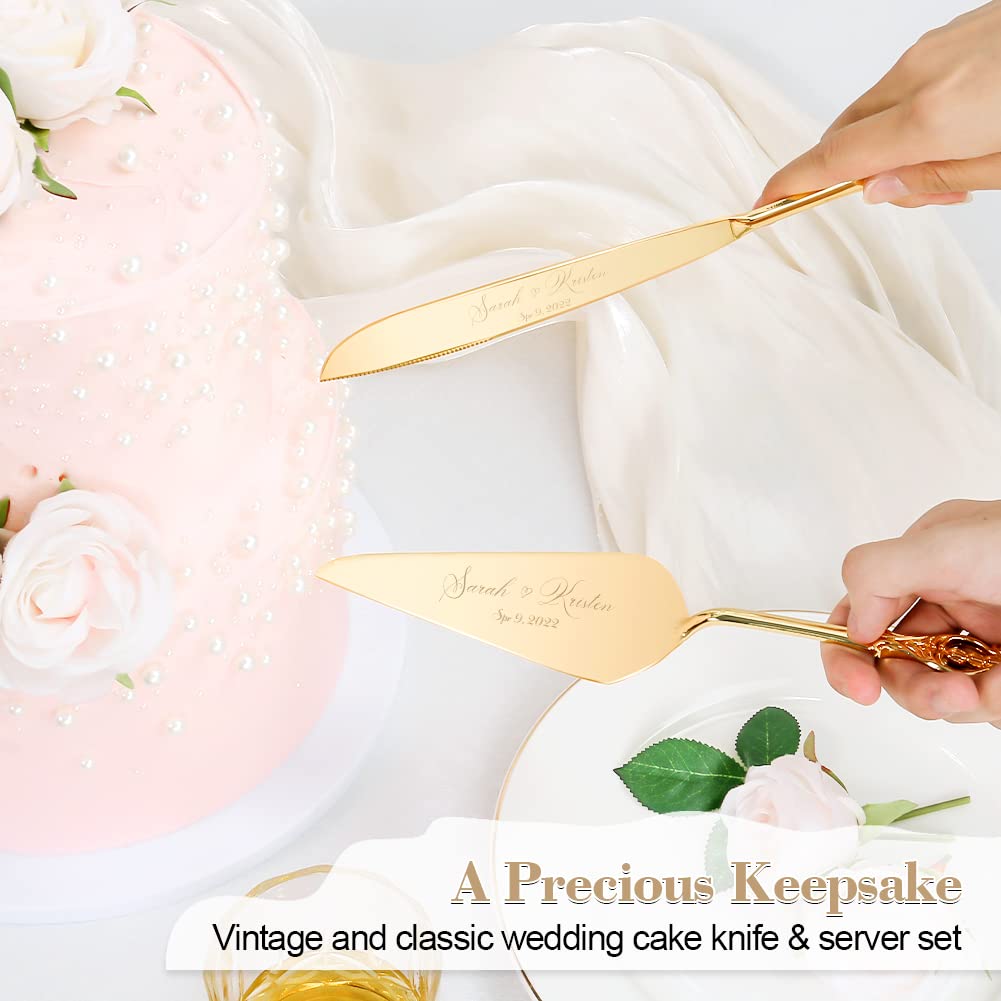 TUKDAK Wedding Cake Knife and Server Set, Personalized Gold Cake Cutting Set for Wedding, Engraved Classic Cake Knives Cutter Set, Pie Pastry Server, Birthday Bridal QuinceaƱera Gift (CUS-Crown)