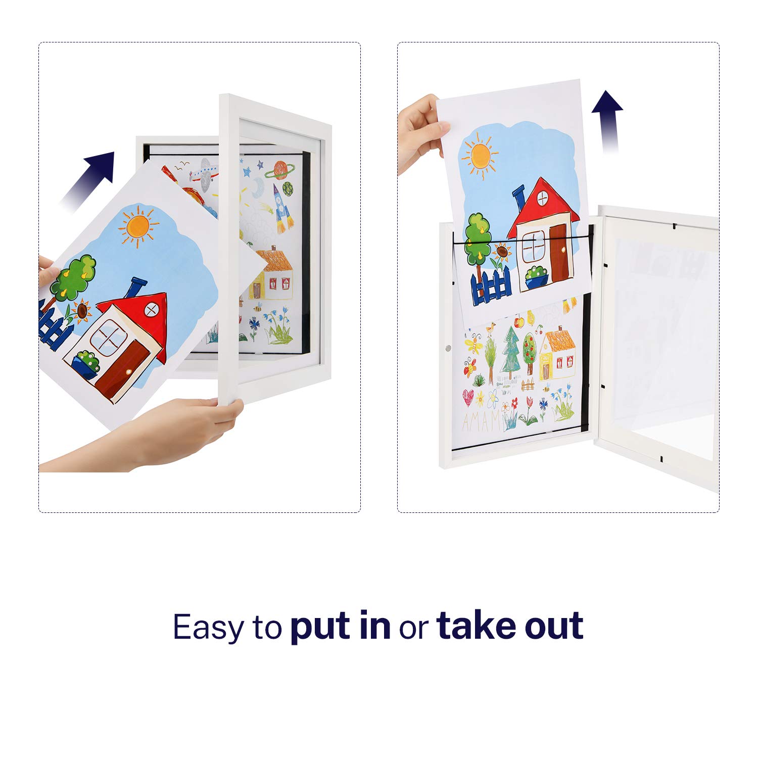 ONE WALL Kids Artwork Picture Frame Display 8.5x11 with Mat or 9.9x12.7 Without Mat, White Wood Frame with Tempered Glass Front Opening for Kids Drawings, Artworks, Art Projects, Schoolwork, 2-Pack