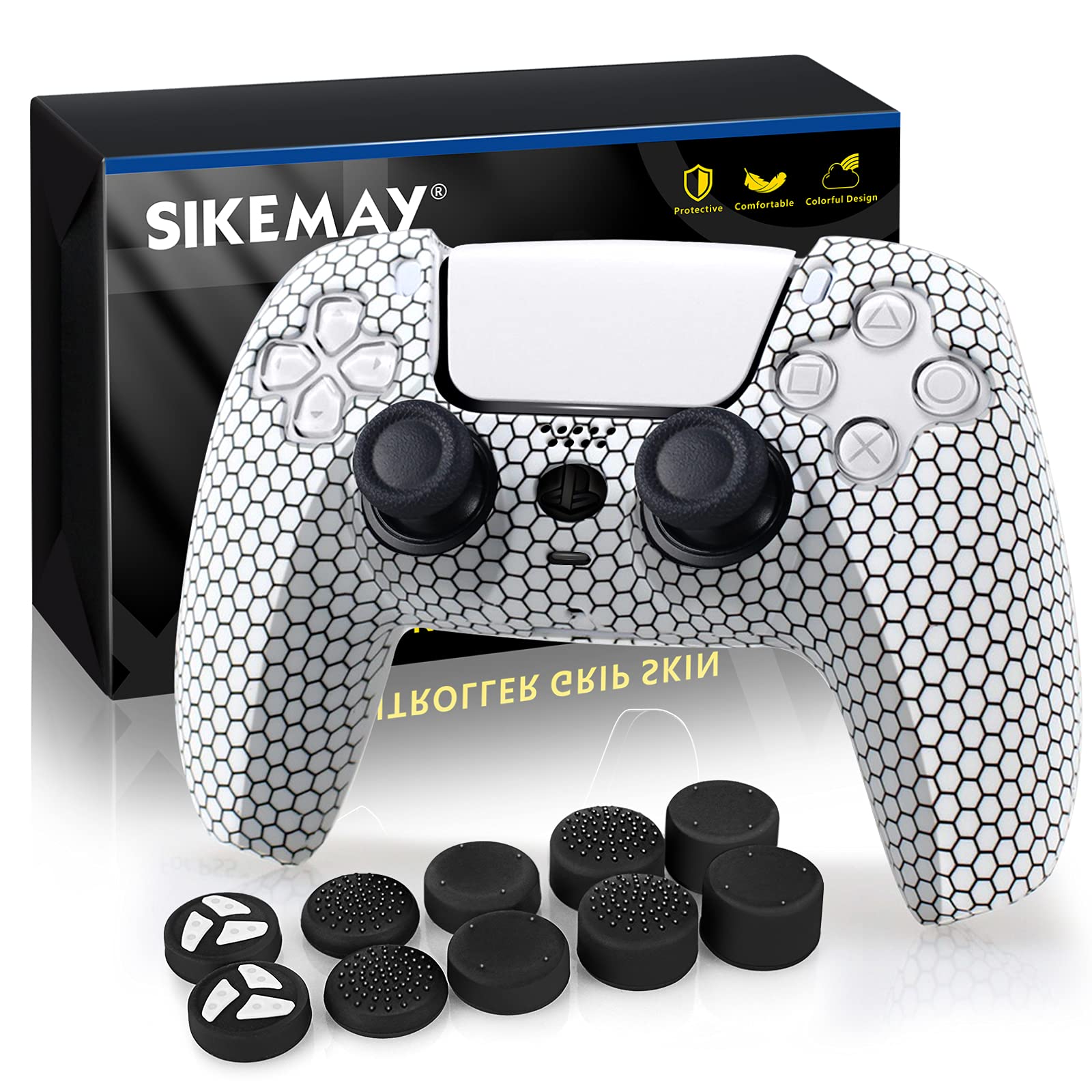 SIKEMAY PlayStation5 Controller Cover Skin Case, Anti-Slip Thicken Silicone Protective, Perfectly Compatible with PlayStation 5 Controller Grip with 10 x Thumb Grip Caps (Black-White Grid)