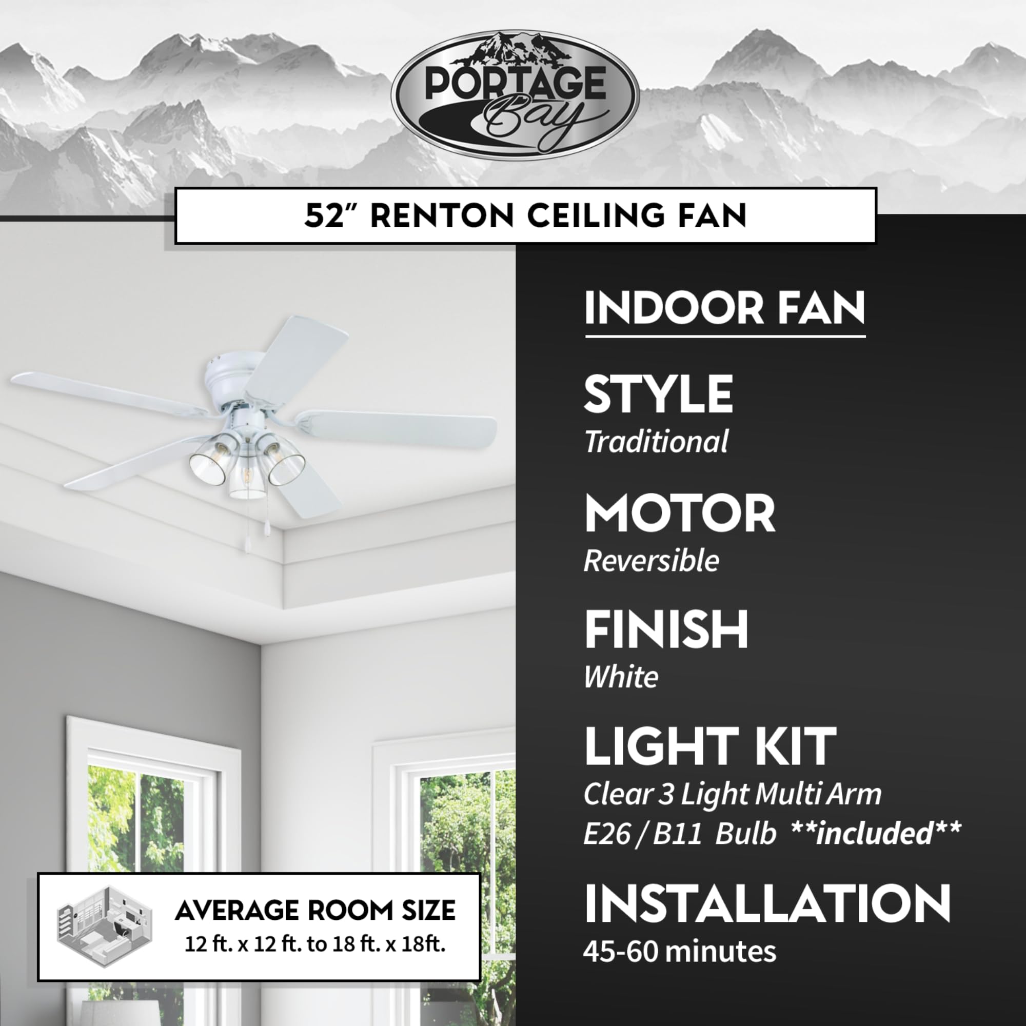 Portage Bay Ceiling 52" Renton White Indoor Fan with Clear 3 Light LED Multi Arm E26/B11 Bulb and Pull-Chains, Traditional Style, 5 Reversible Gray Oak Blades, 51441, 52 Inch