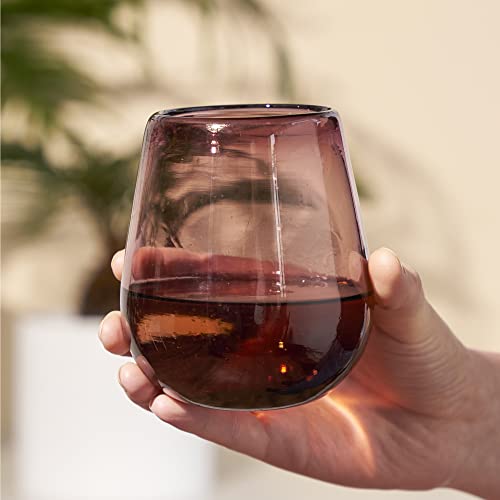 Segunda Vida Rosado Stemless Wine Glasses Set - Hand Blown Colorful Wine Glasses- Purple 100% Recycled Glassware Made in Mexico 13oz Set of 2