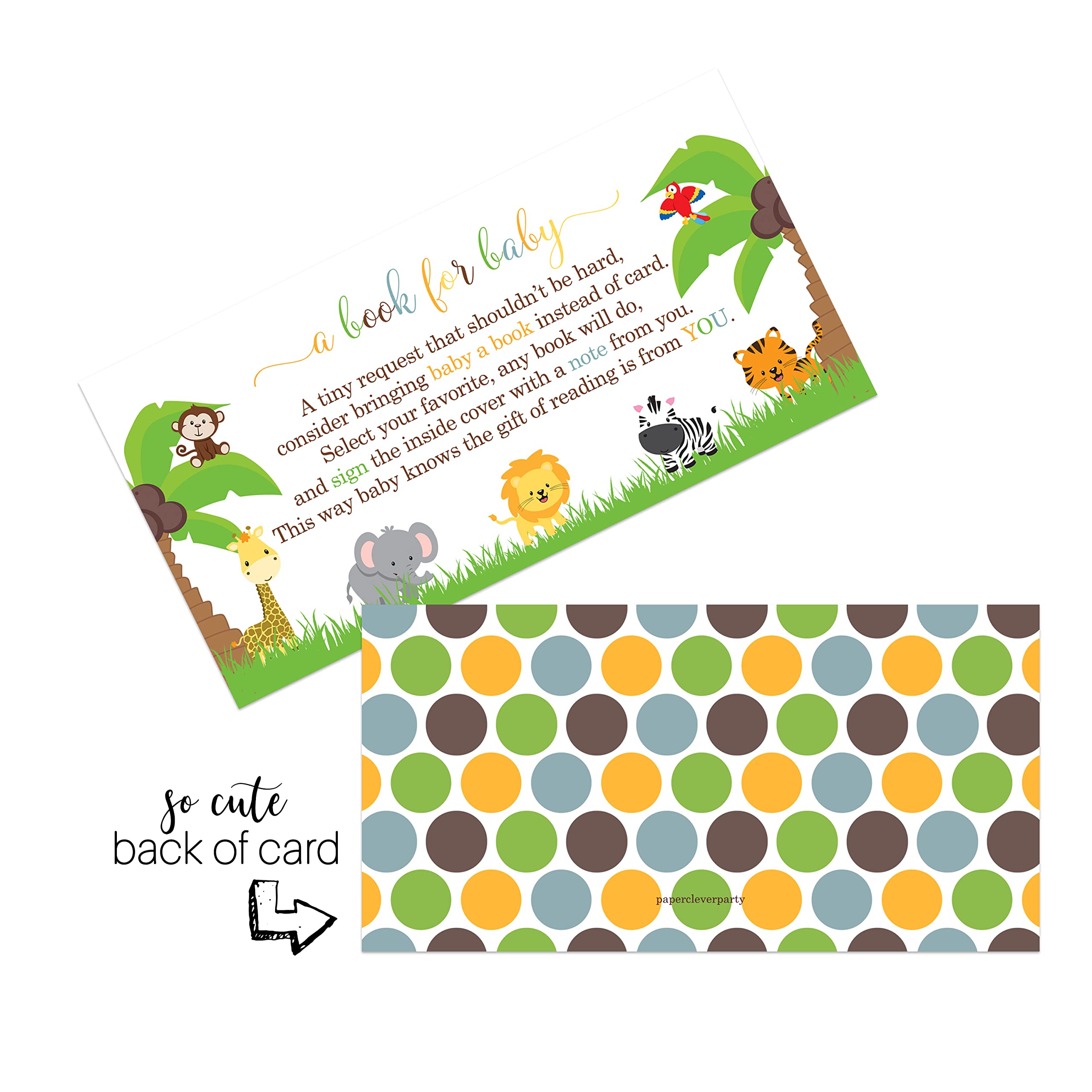 Paper Clever Party Cute Jungle Baby Shower Book Request Cards (25 Pack) Safari Animal Invitation Inserts - Gender Reveal