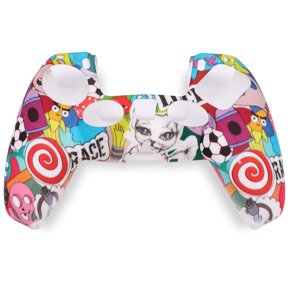 Silicone Cover Skin for Sony PS5 Controller, Cool Camouflage Case Smooth Cover Compatible with PlaySation 5 Come with 8 Thumb Grips (Happy -White)